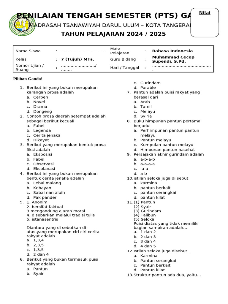 Soal Bahasa Indonesia PTS Ganjil TA 2024-2025 (Kelas 7 MTS) | PDF