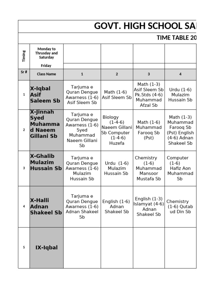 TimeTable 2023-2024 GHS.SAMA SATA | PDF