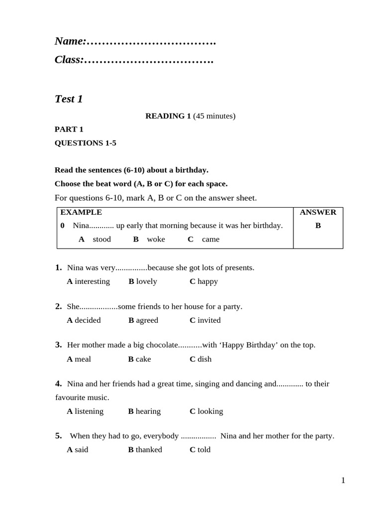 A2 KET Test 1 | PDF