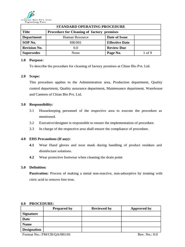 Factory Cleaning SOP for Chian Bio | PDF | Housekeeping | Disinfectant