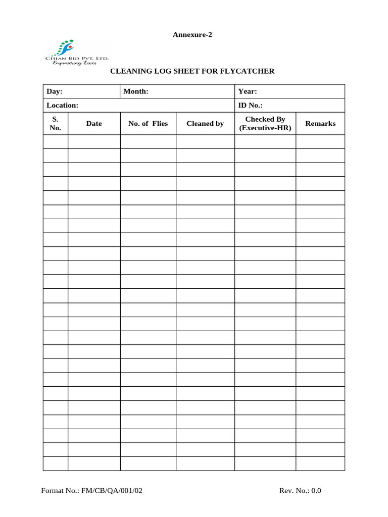 Flycatcher Cleaning Log Sheet | PDF