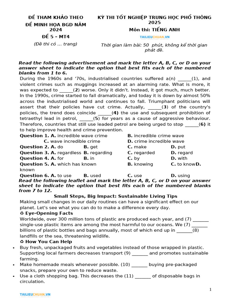 Đề Vip 5 - Phát Triển Đề Minh Họa Môn Anh 2025 - Mt4 (Fix2) - dkld1x6lgo | PDF | Learning ...