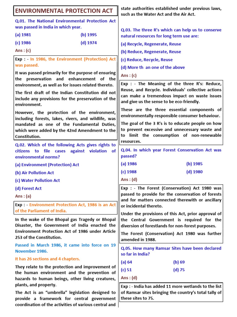 Environmental Protection Act Quiz | PDF | Kyoto Protocol | United ...