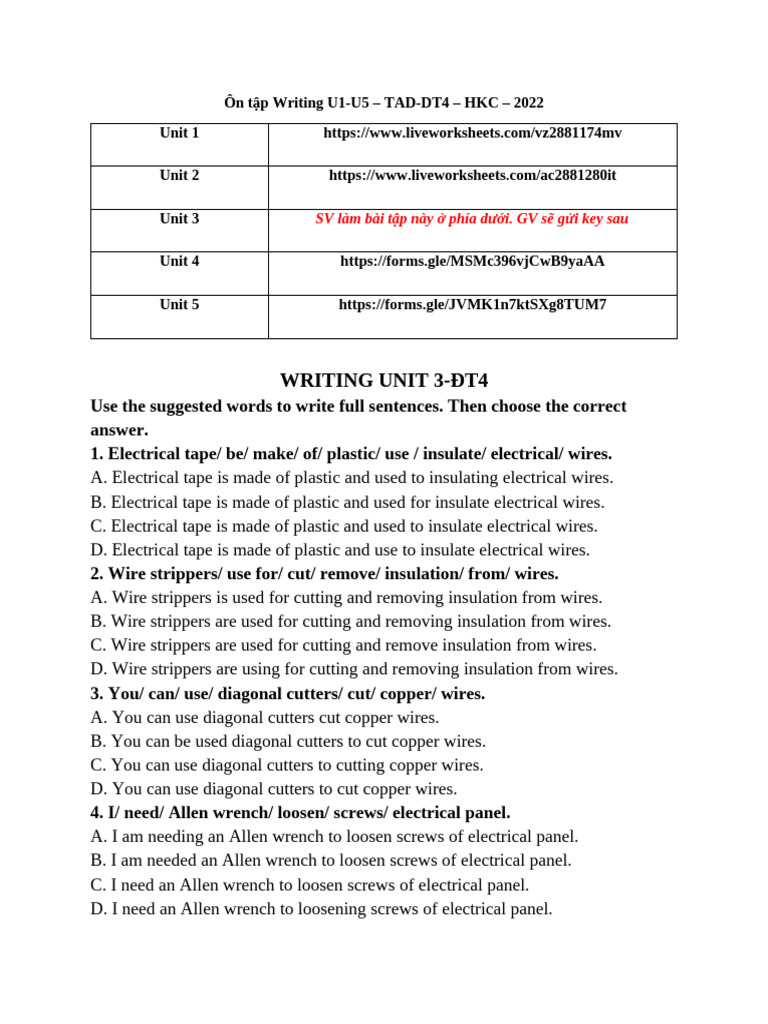 Ôn Tập Writing U1 U5 Midterm HKC TADT4 | PDF | Nut (Hardware) | Screw