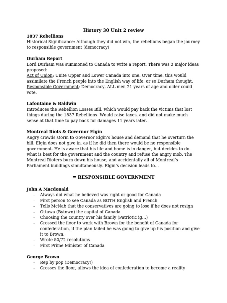 History 30 Unit 2 Review | PDF | Bill (Law) | Provinces And Territories ...