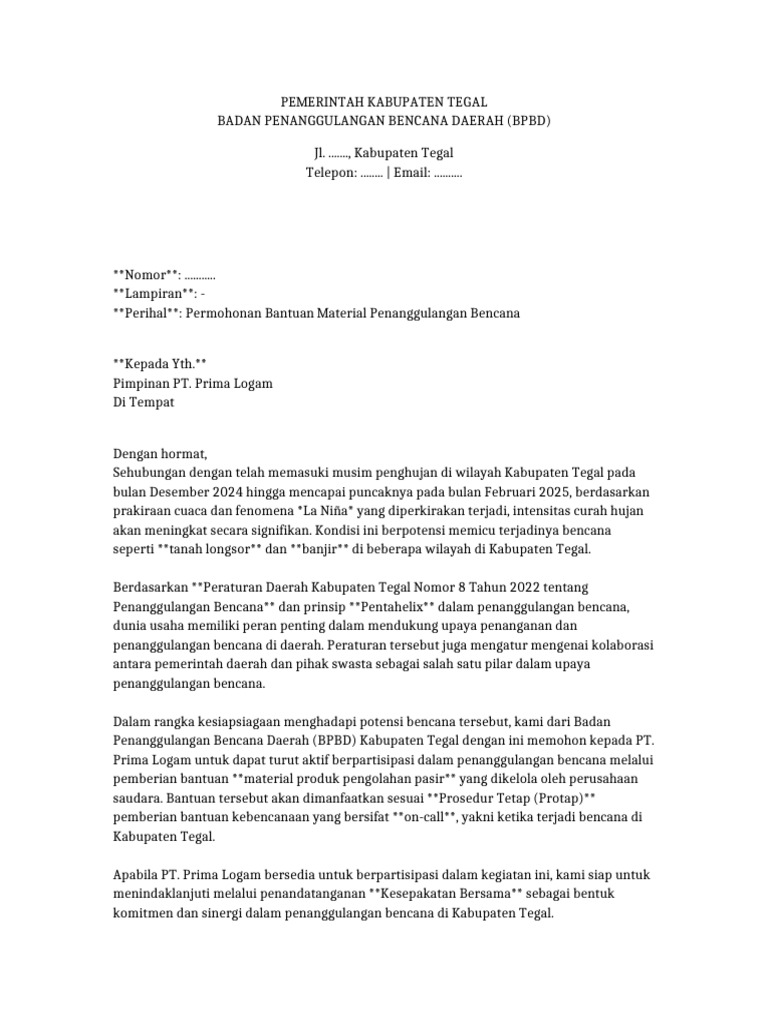 Surat Permohonan Bantuan BPBD | PDF