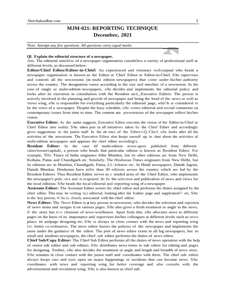 MJM-21 Guess Paper | PDF | Copy Editing | Newspapers