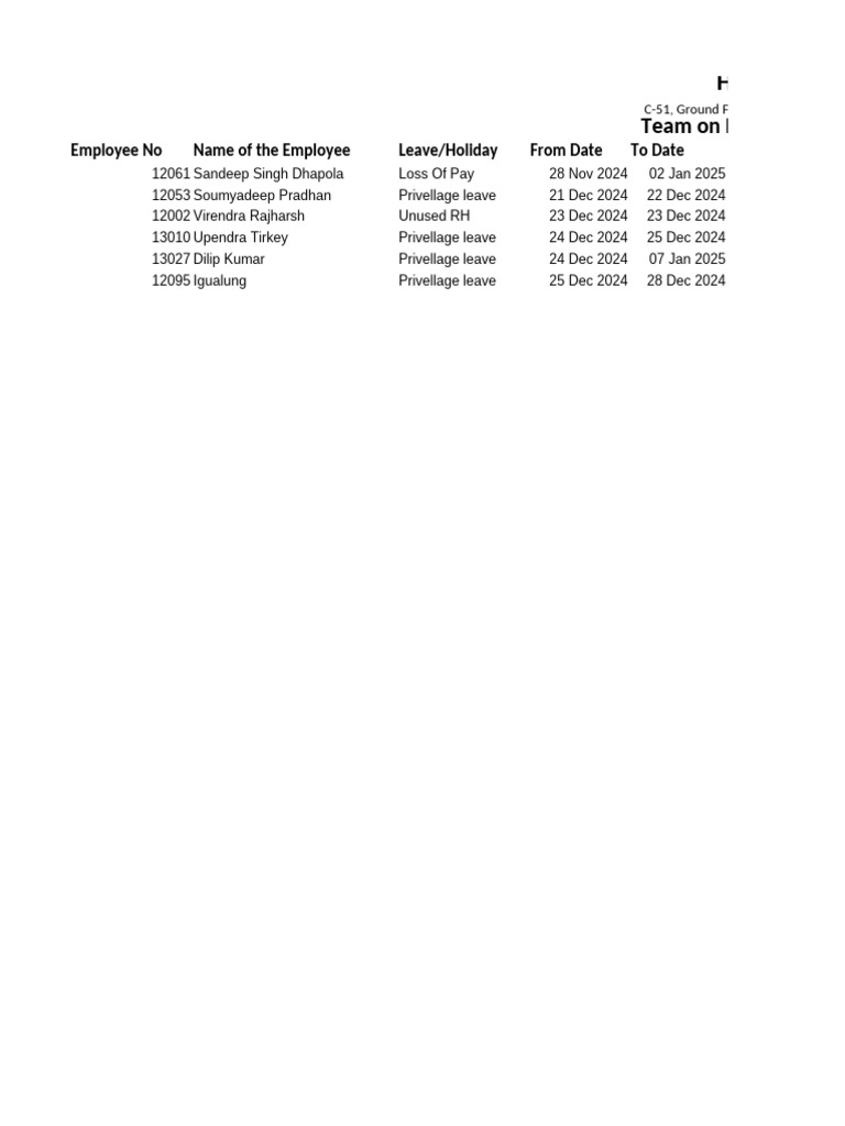 Team On Leave Summary 22 Dec 2024 - 28 Dec 2024 | PDF