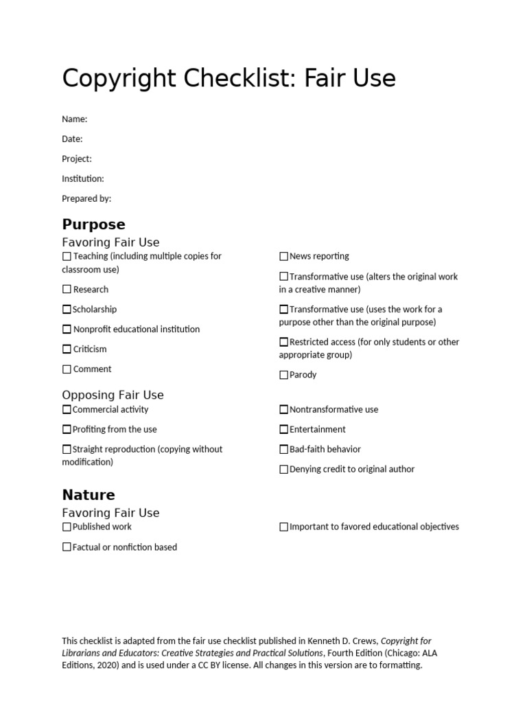 Copyright Checklist Fair Use | PDF | Fair Use | Copyright