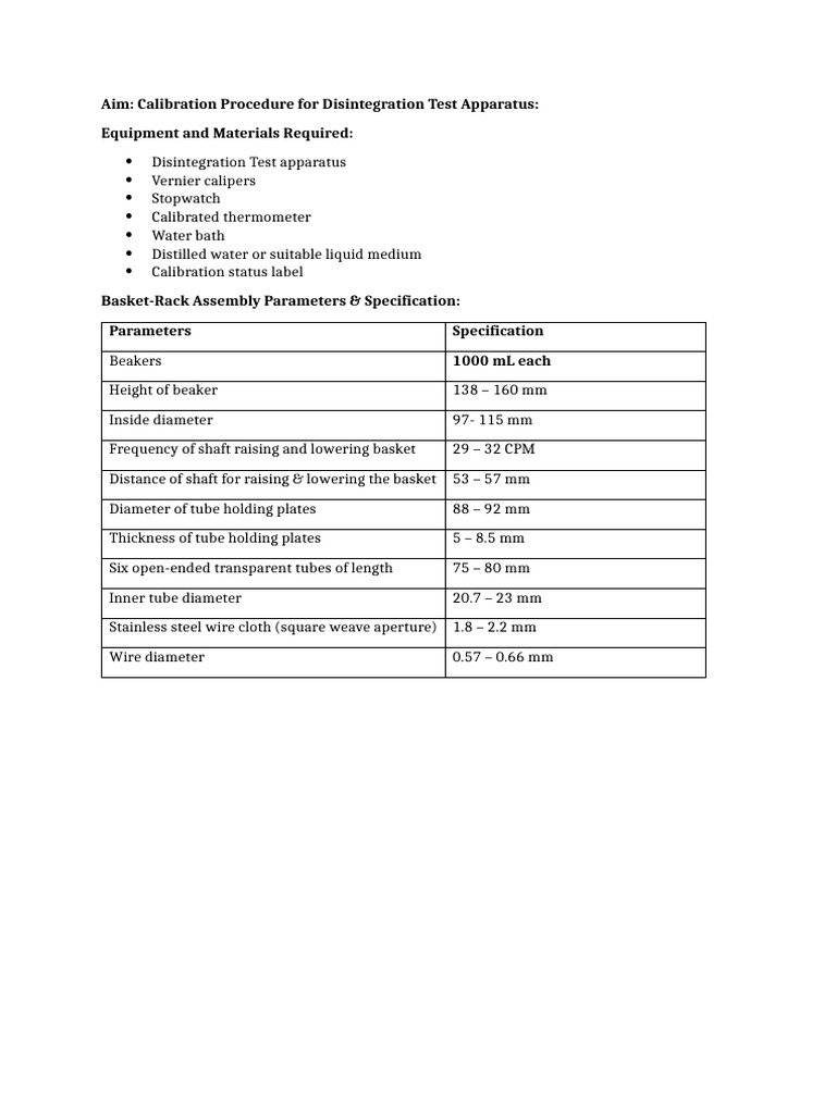 Disintegration Test Apparatus Calibration Guide | PDF | Calibration