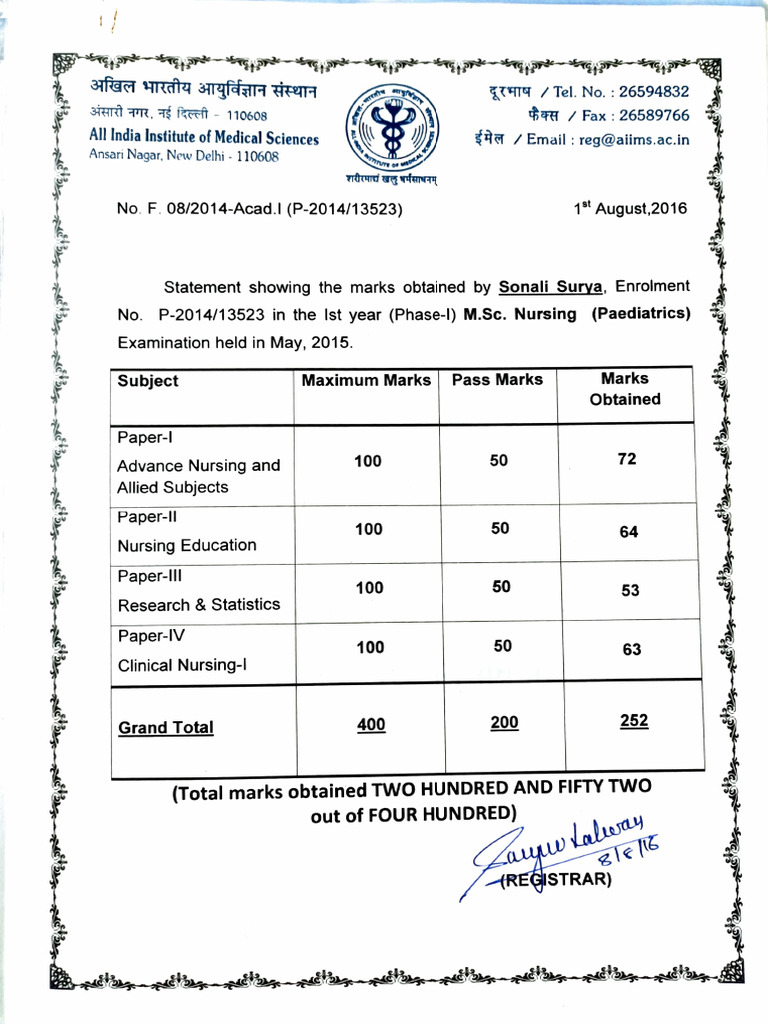 M.Sc. Nursing Exam Results for Sonali Surya | PDF