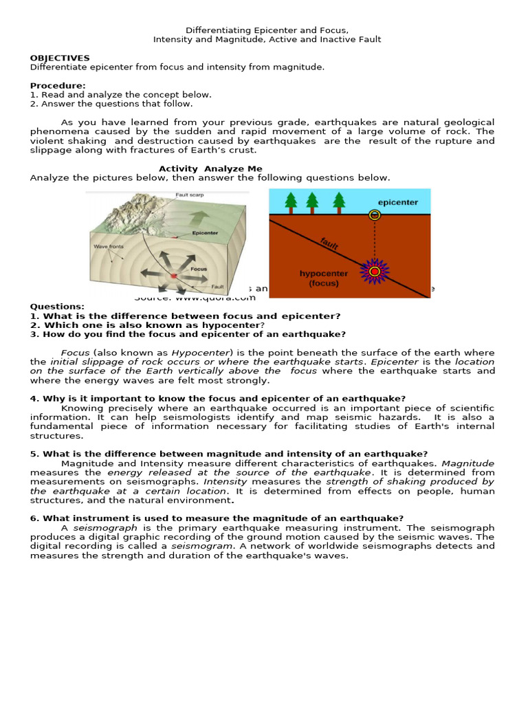 Differentiating Epicenter And Focus Pdf Earthquakes Seismology