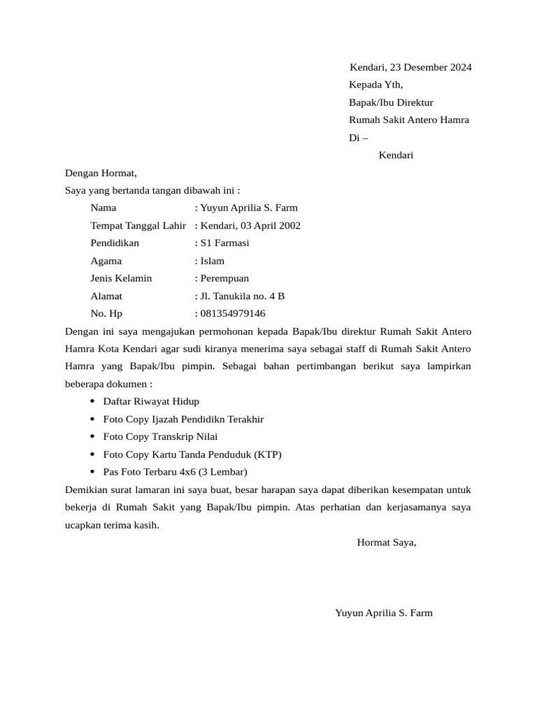Surat Lamaran Yuyun Aprilia S. Farm | PDF