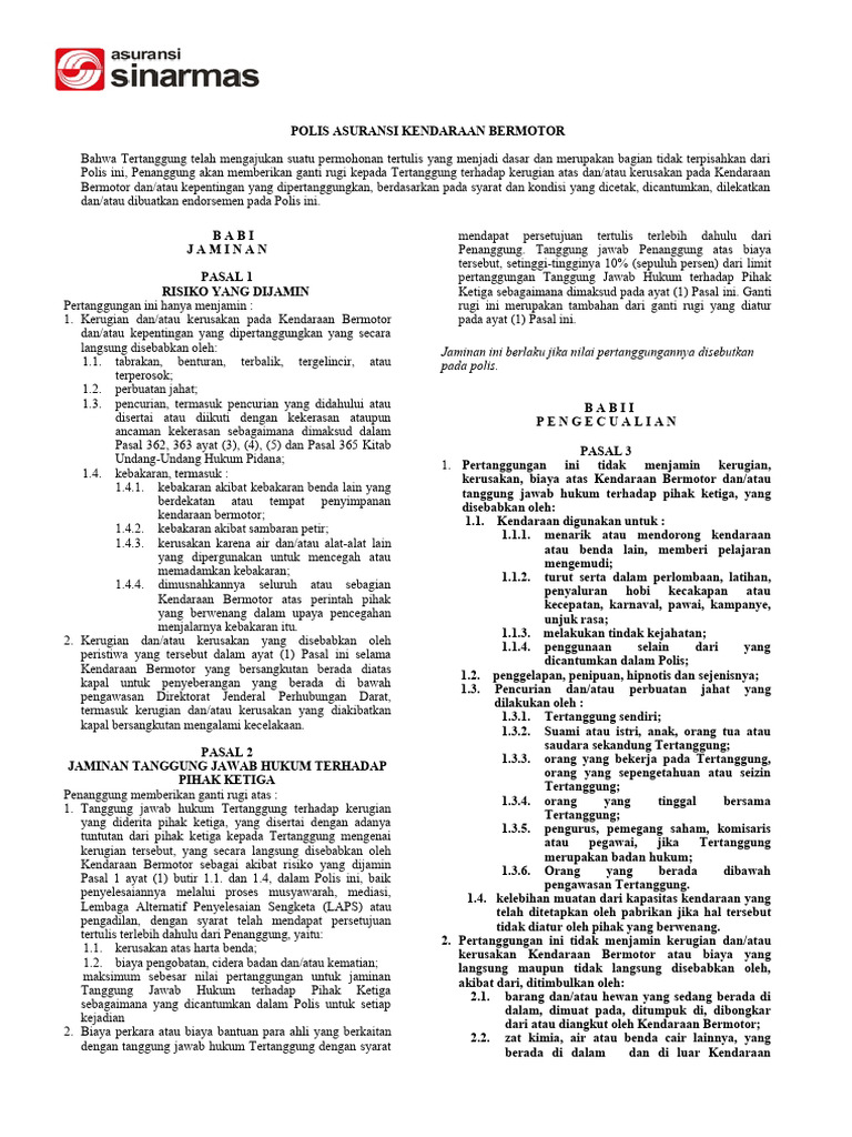 Wording Polis Oto-Sinarmas | PDF