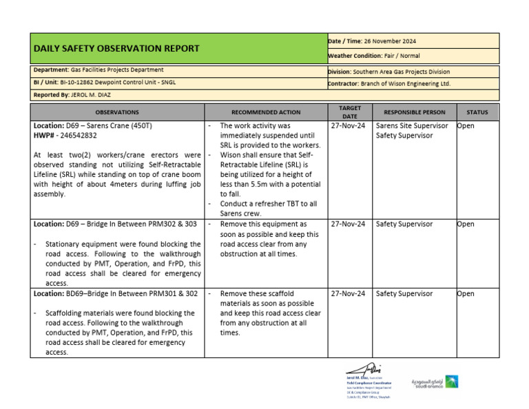 Safety Observation 26-Nov-24 - Jerol | PDF