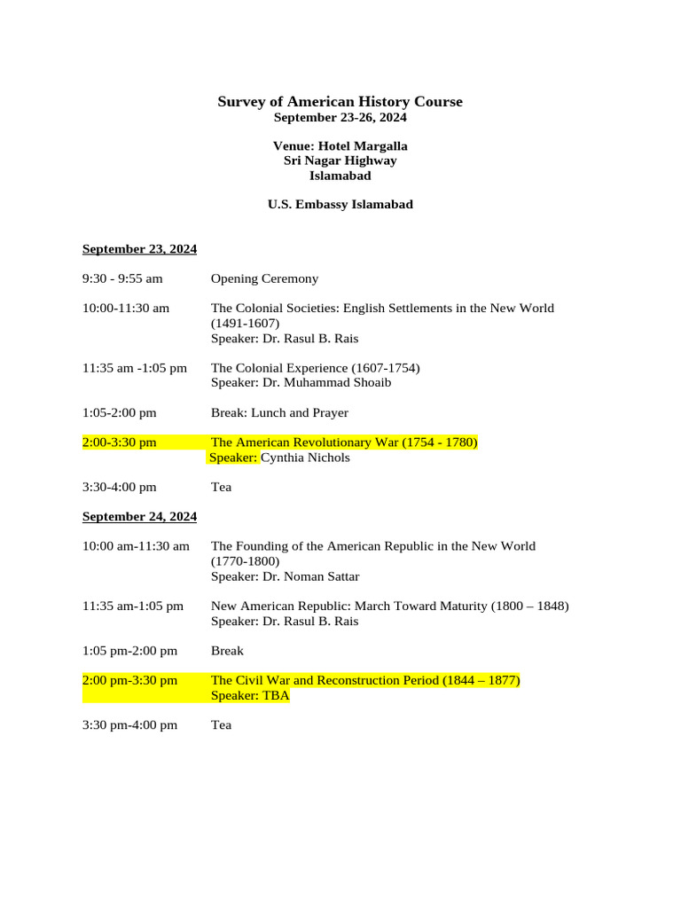 American History Course Agenda 2024 | PDF