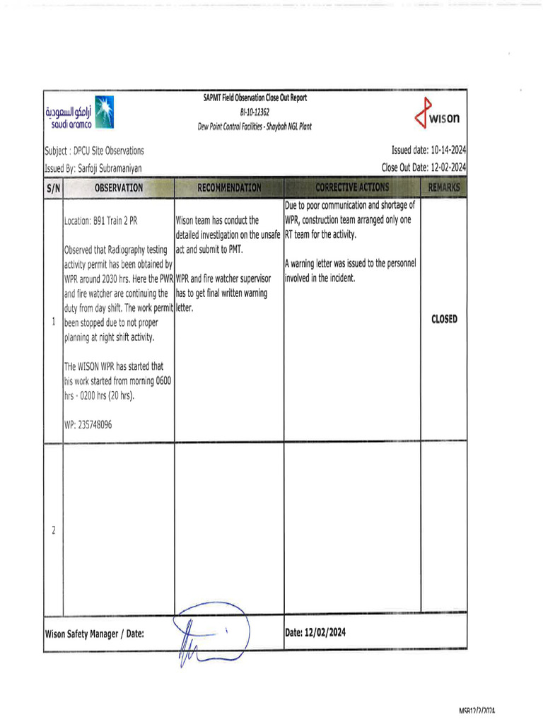 Daily Observation Report 14 Oct 2024 - Close Out Report | PDF