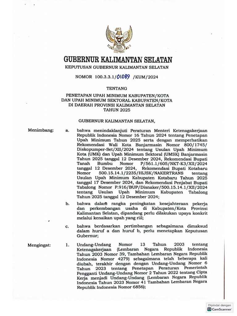 SK UMK Kalimantan Selatan - 2025 | PDF