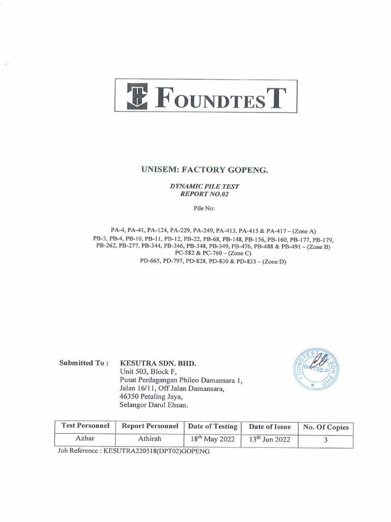 Dynamic Pile Testing Report for Unisem | PDF | Force | Deep Foundation