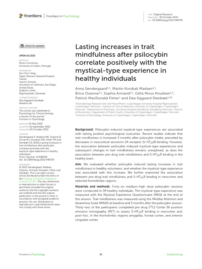 Lasting Increases in Trait Mindfulness After Psilocybin Correlate ...