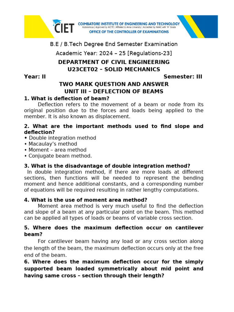 Unit III - Two marks | PDF | Beam (Structure) | Bending