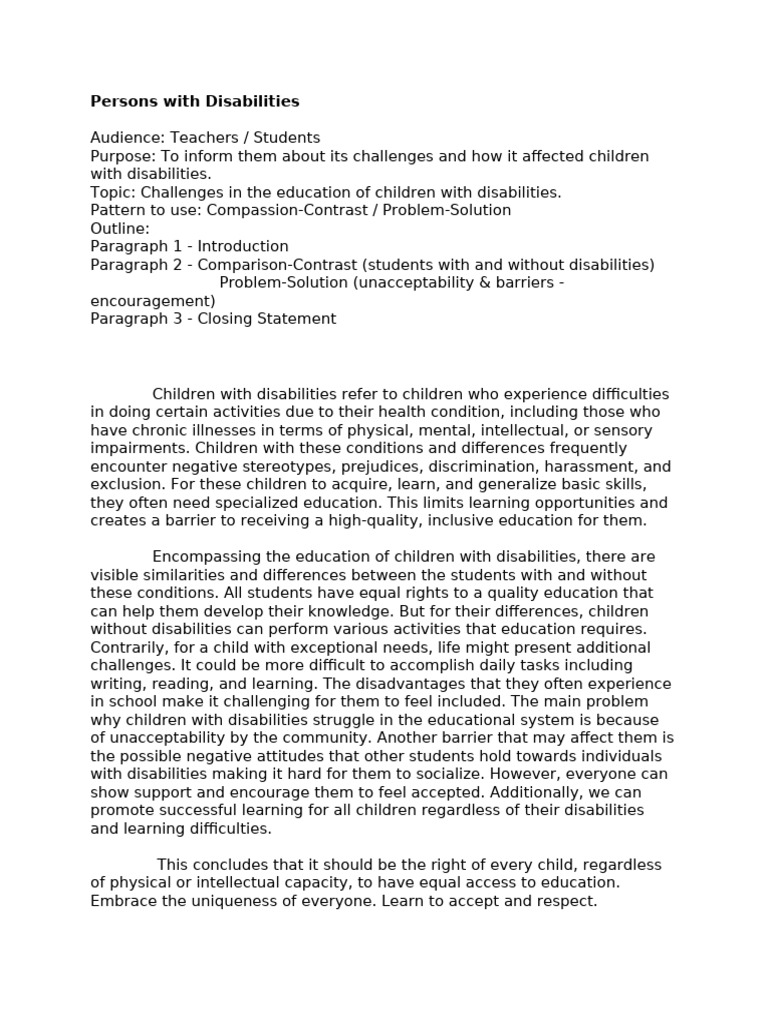 Oral Com Speech | PDF | Disability | Inclusion (Education)