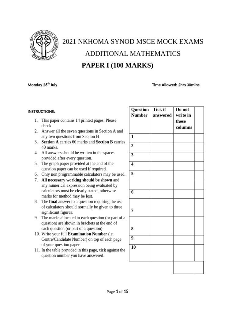 Additional Maths Paper I | PDF | Equations | Pi