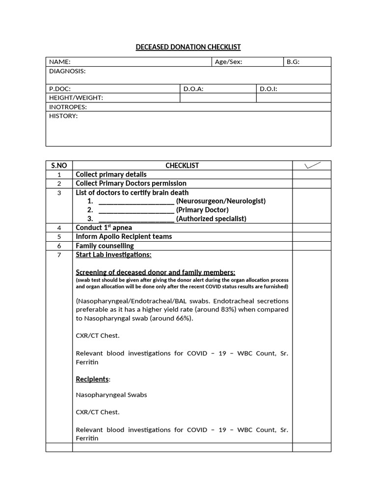 Deceased Donation Process Checklist | PDF