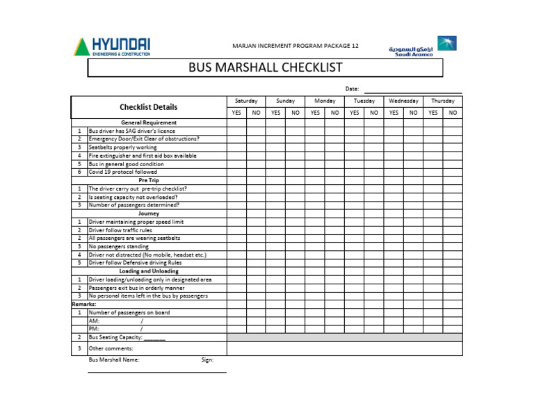 Bus Marshall Inspection Checklist | PDF