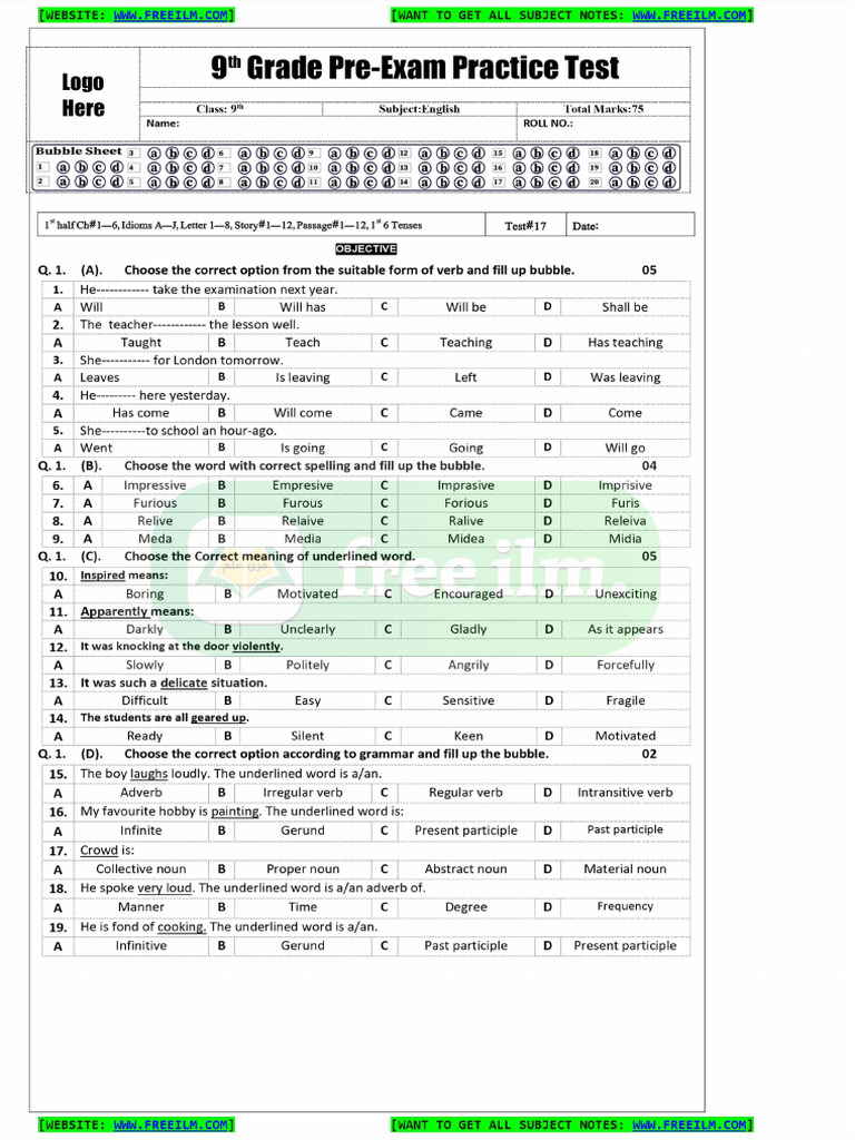 9th English Test Paper 17 | PDF