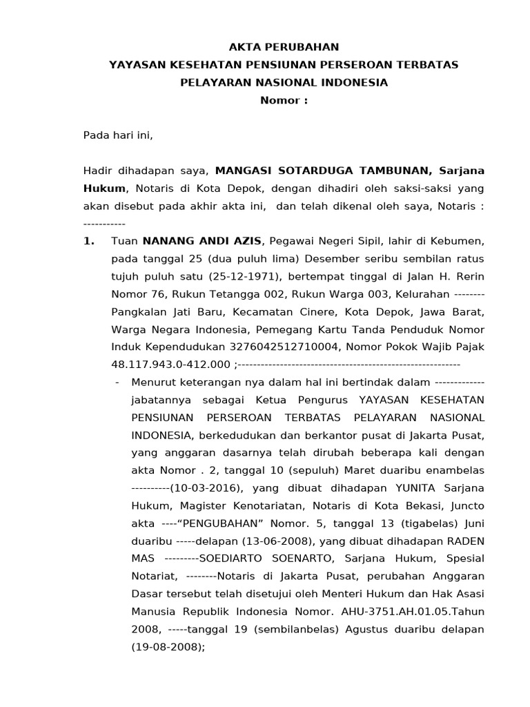 AKTA PERUBAHAN YAYASAN KESEHATAN PENSIUNAN PELNI | PDF