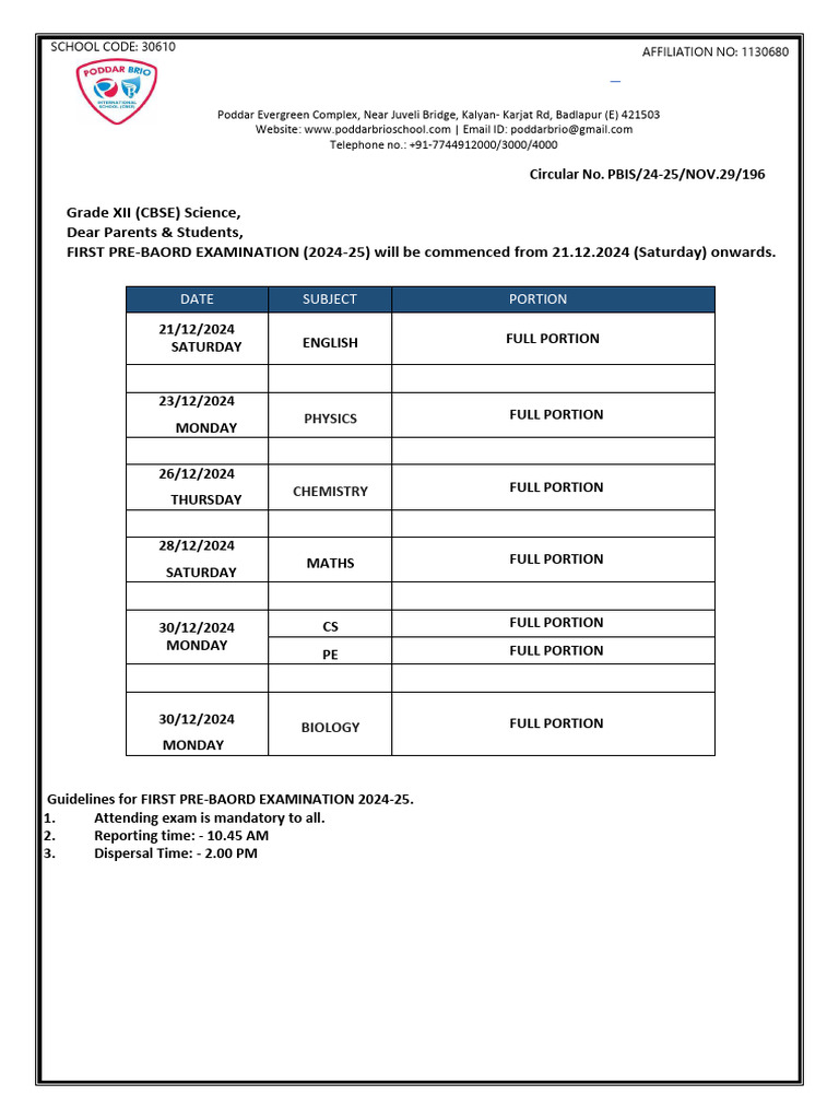 12th SCIENCE CBSE Pre Board Date Sheet | PDF