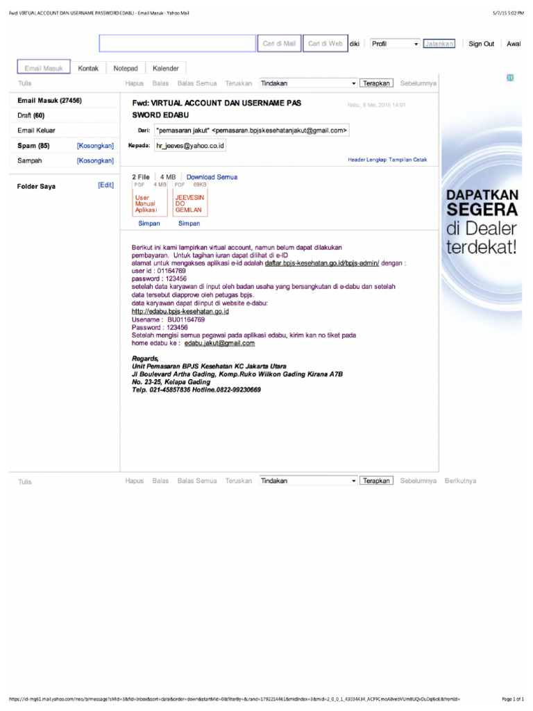 Fwd_ Virtual Account Dan Username Password Edabu - Email Masuk - Yahoo Mail | PDF