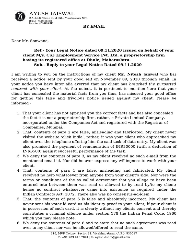 Legal Notice Response and Counterclaim | PDF | Defamation | Common Law