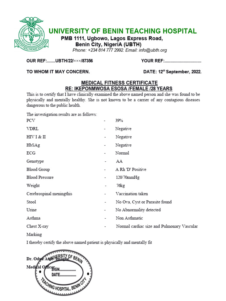 UBTH Medical Fitness Certificate for Ikeponmwosa | PDF