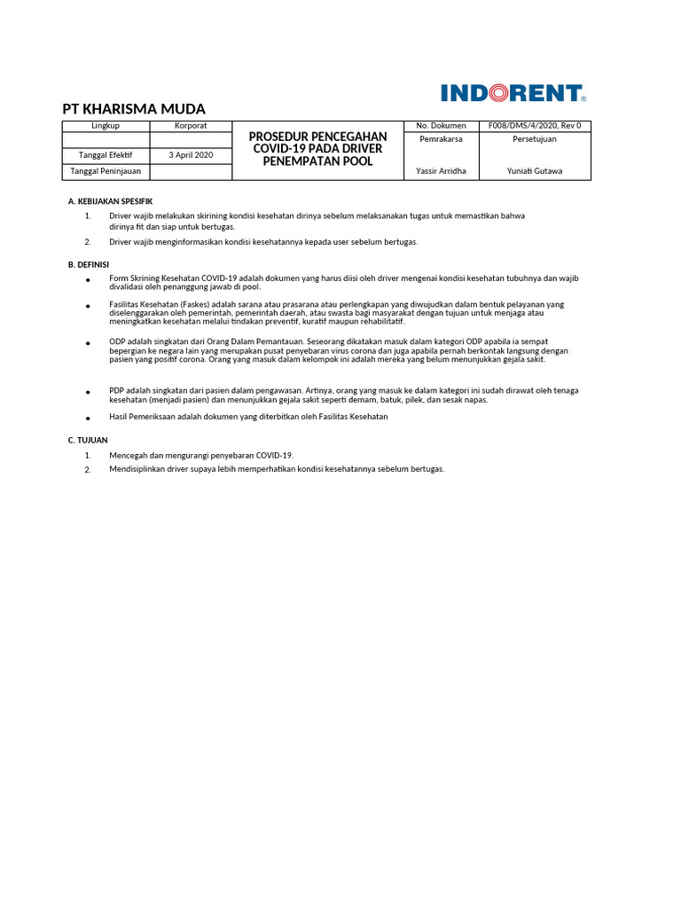 SOP Pencegahan Corona Driver Pool | PDF