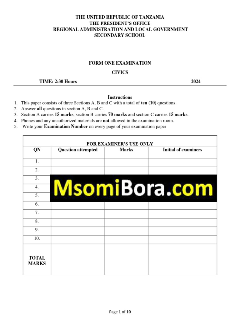 Civics Exam Questions for Form One 2024 | PDF | Rights | Justice