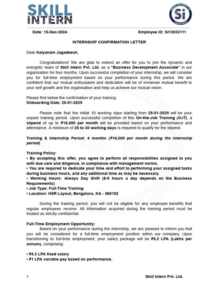 Offer Letter SI12033111 Kalyanam Jagadeesh | PDF | Employment | Business