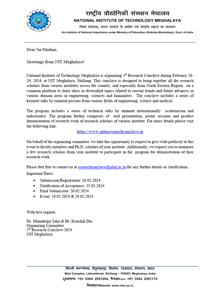 NIT Meghalaya 5th Research Conclave 2024 | PDF