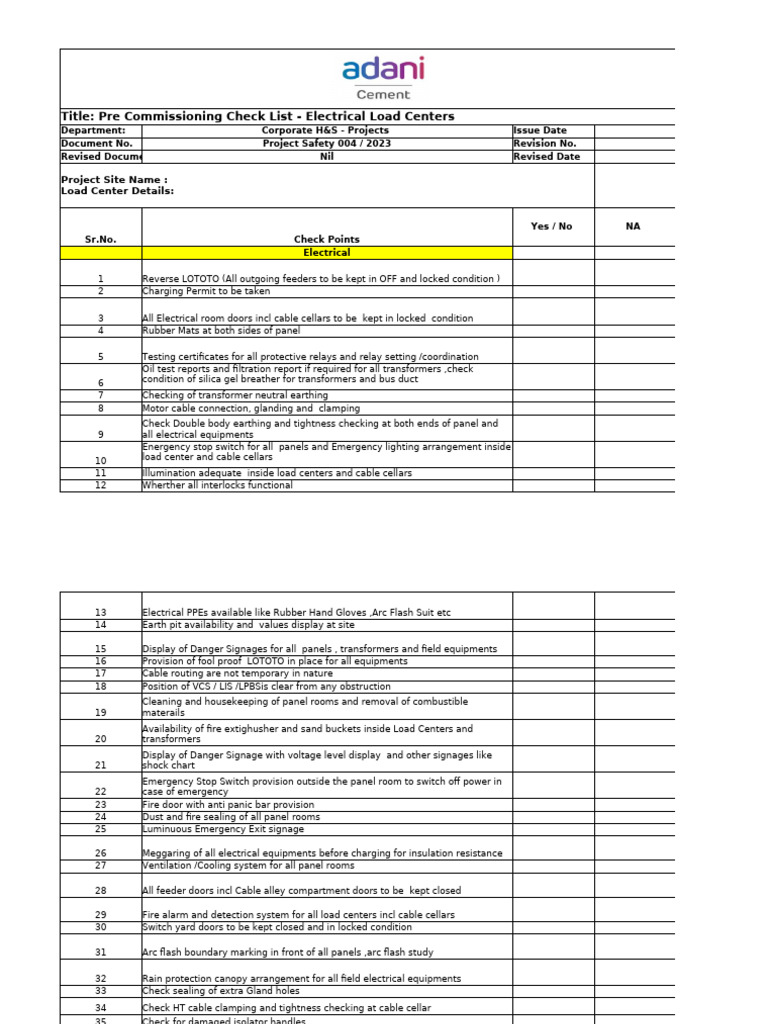 Pre Commissioning Check List- Electrical Load Centers.R1 | PDF | Switch ...