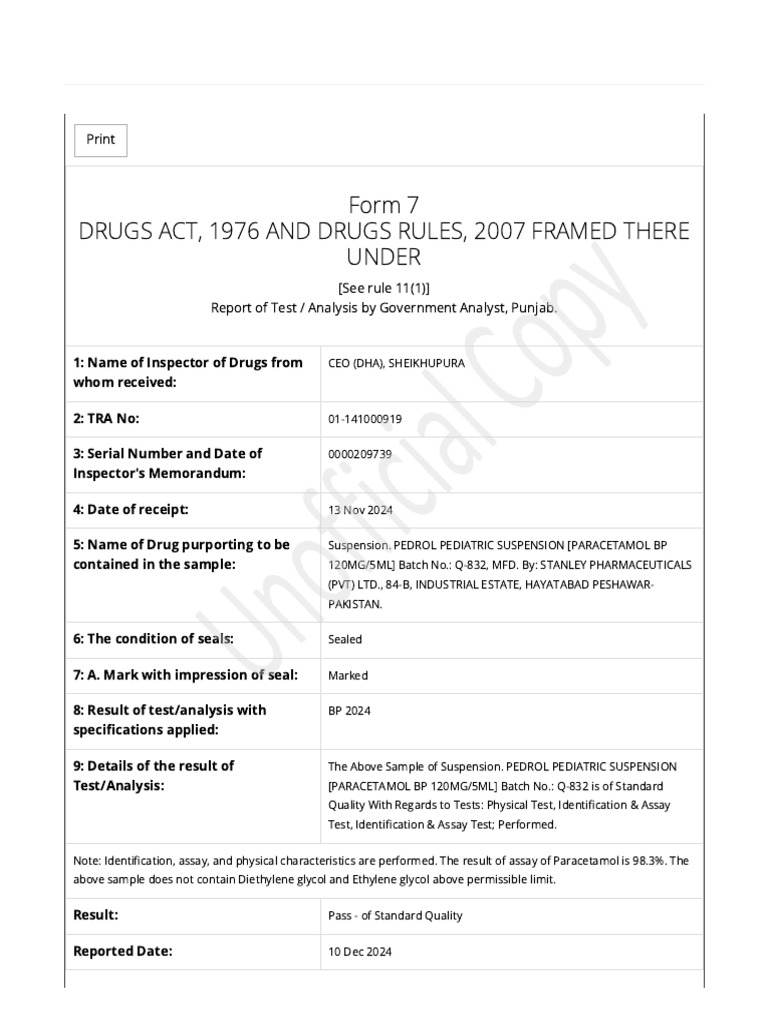 Pedrol Pediatric Suspension Analysis Report | PDF