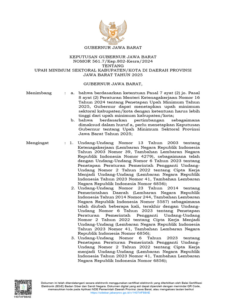 SK GUB JABAR Tentang UMSK 2025 | PDF