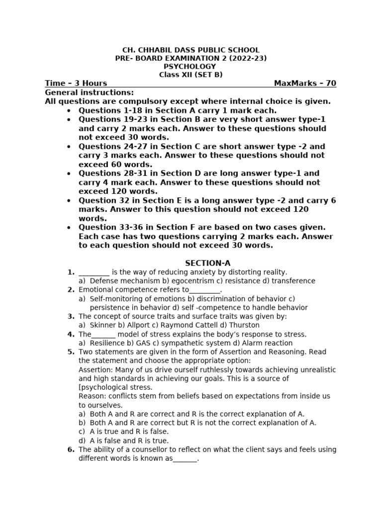 pre board 2 class 12 | PDF | Mental Disorder | Emotions