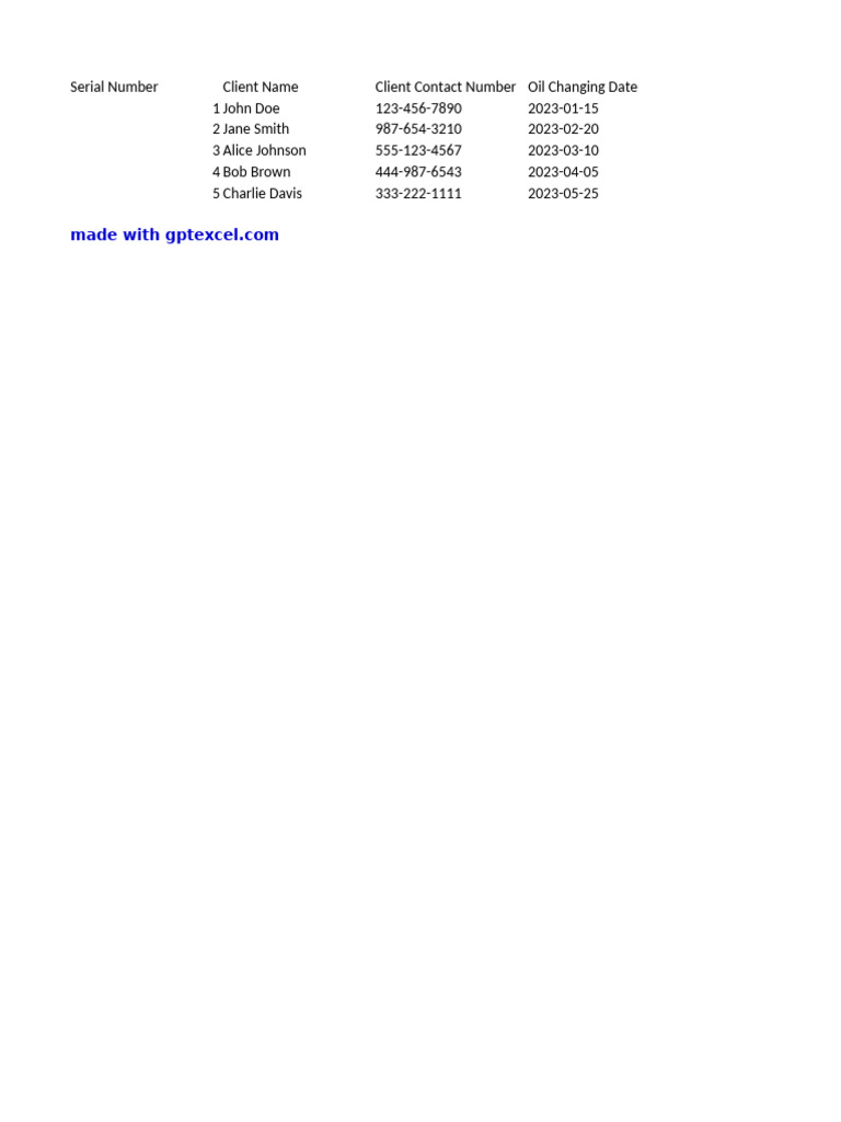 Oil Change Schedule & Client List | PDF