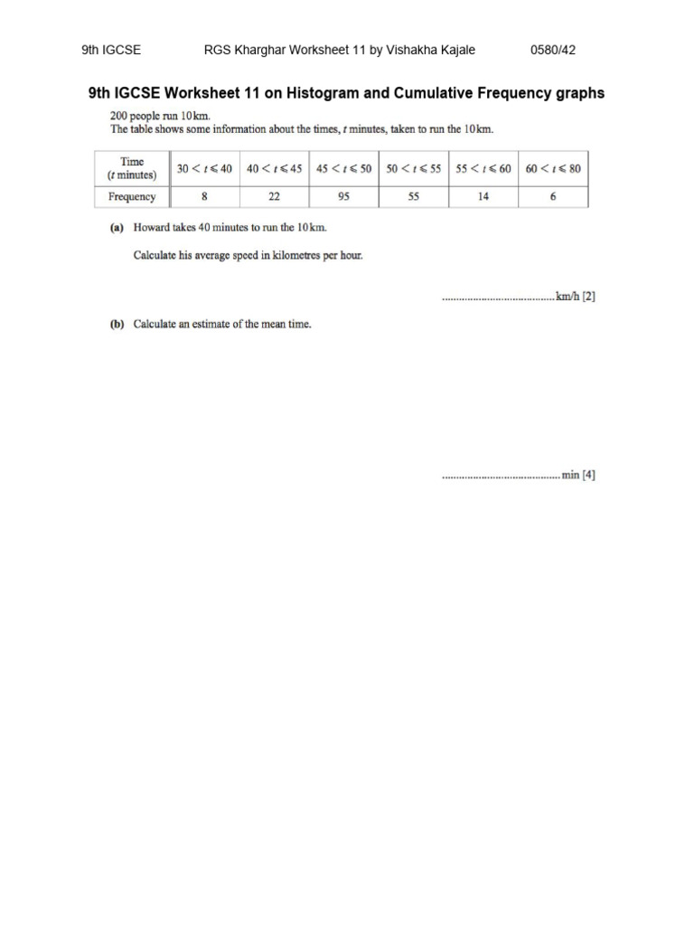 9th IGCSE Worksheet 11 On Histogram and Cumulative Frequency Graphs | PDF
