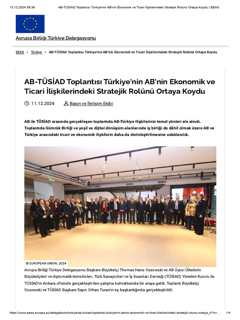 AB-TÜSİAD Toplantısı Türkiye'nin AB'nin Ekonomik Ve Ticari İlişkilerindeki Stratejik Rolünü ...