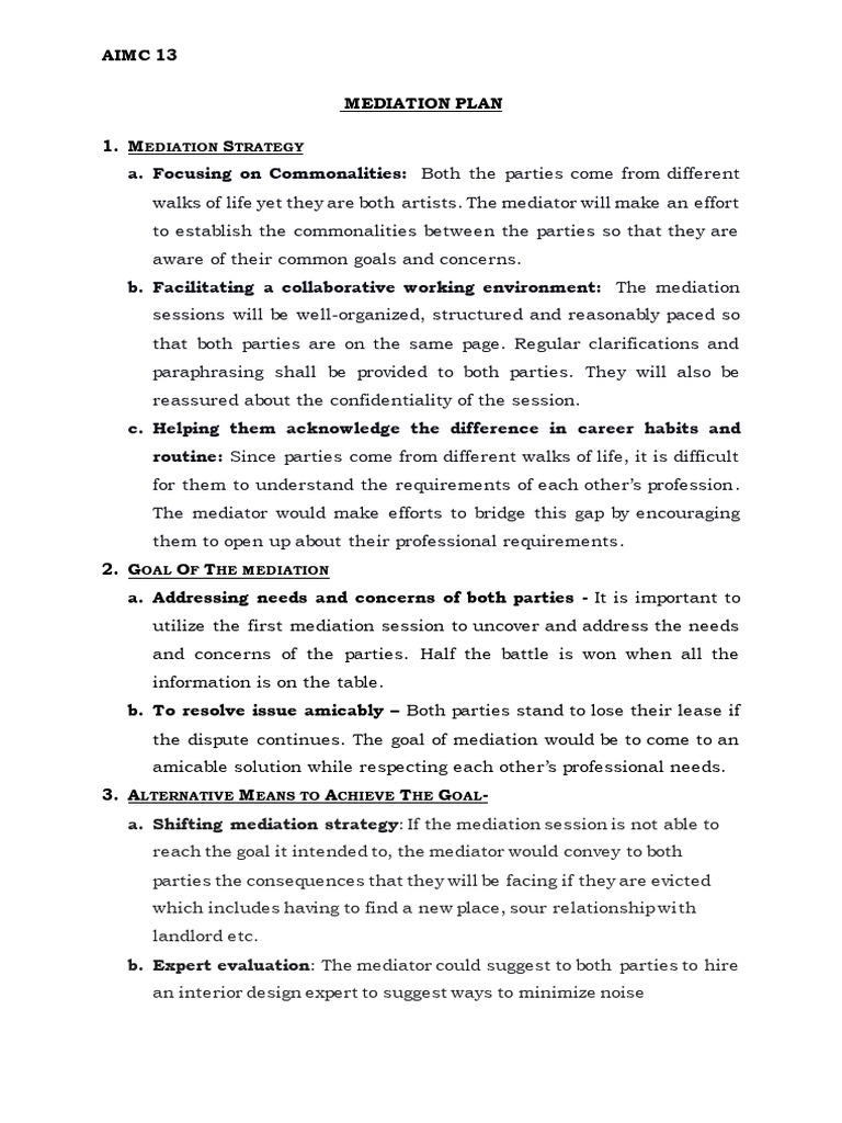 Aimc13 Mediation Plan-1 | PDF | Mediation