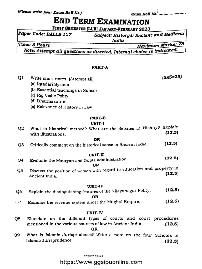 Llb 1 Sem History 1 Ancient and Medieval Ballb 107 Feb 2023 | PDF