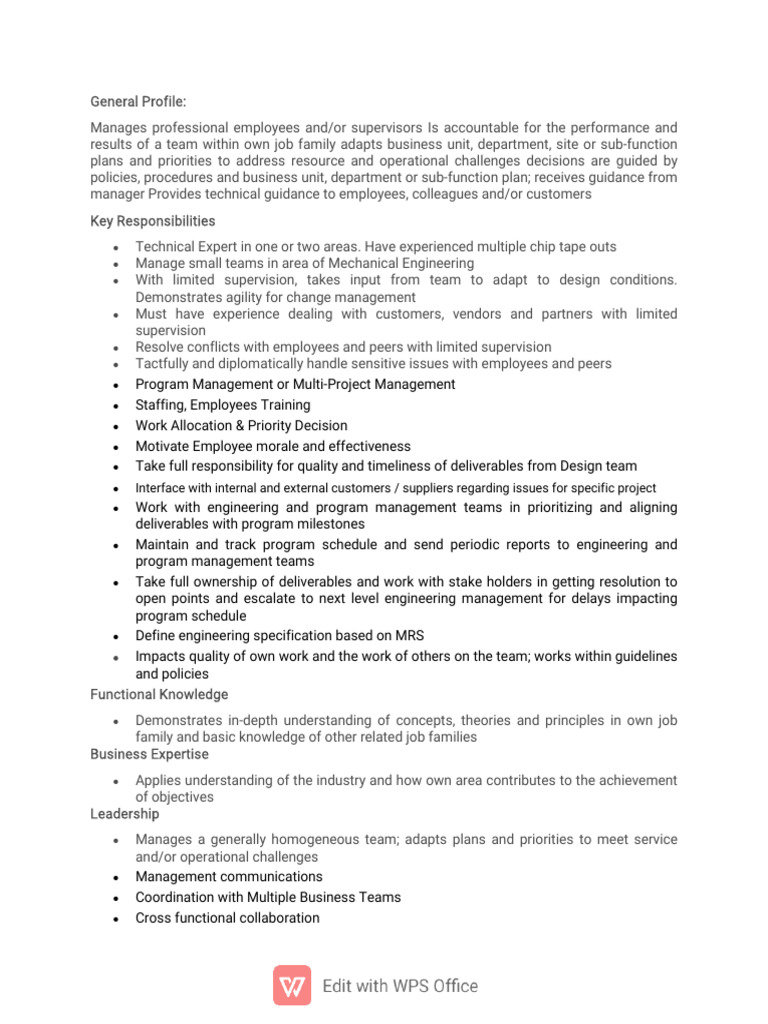 Mechanical Engineer Manager | PDF