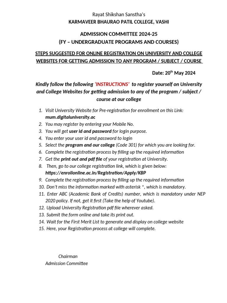Karmaveer Bhau Patil College Admission Guide | PDF